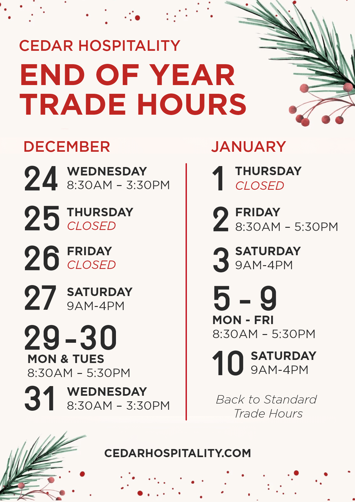 End of Year Trade Hours - Cedar Hospitality
